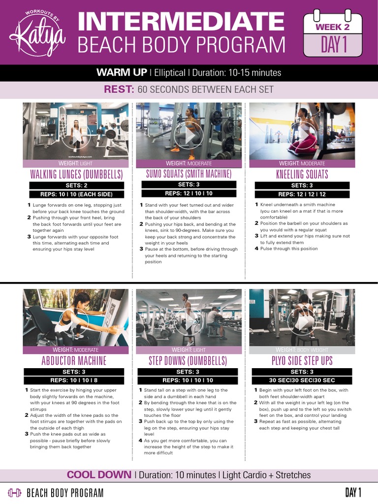 Beach Body Program: Walking Lunges (Dumbbells) Kneeling Squats | PDF | Physical Exercise | Human ...