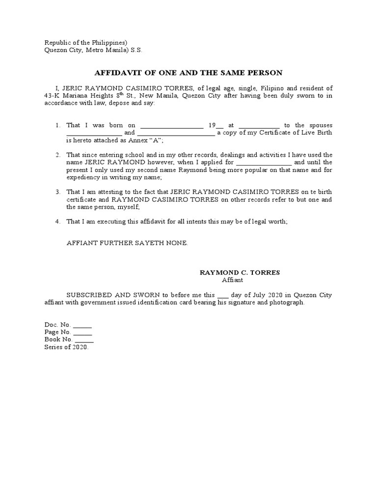 Affidavit of One and The Same Person | PDF