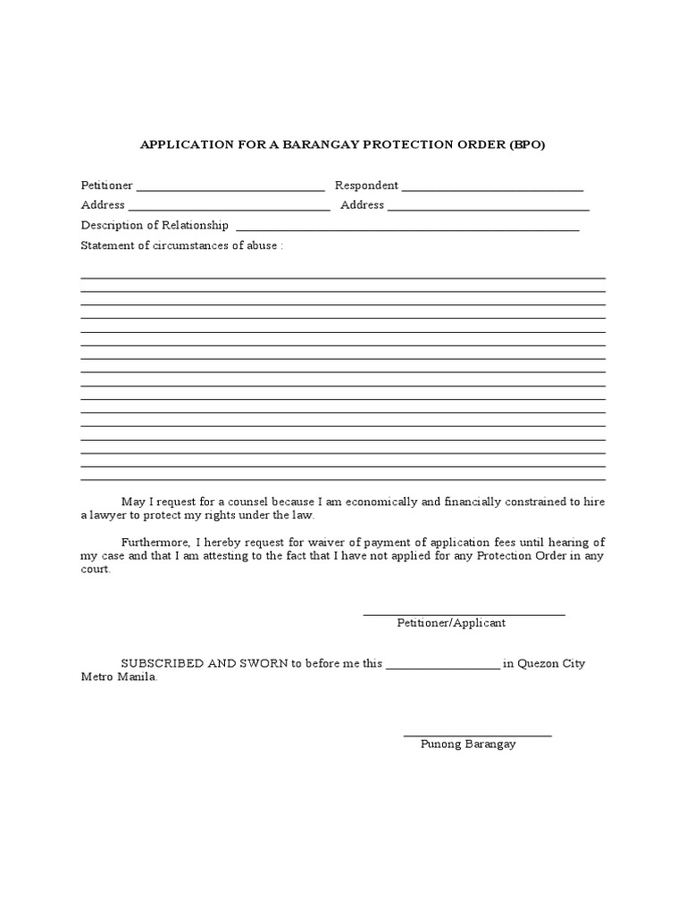 Barangay Protection Order Application Form | PDF | Restraining Order ...
