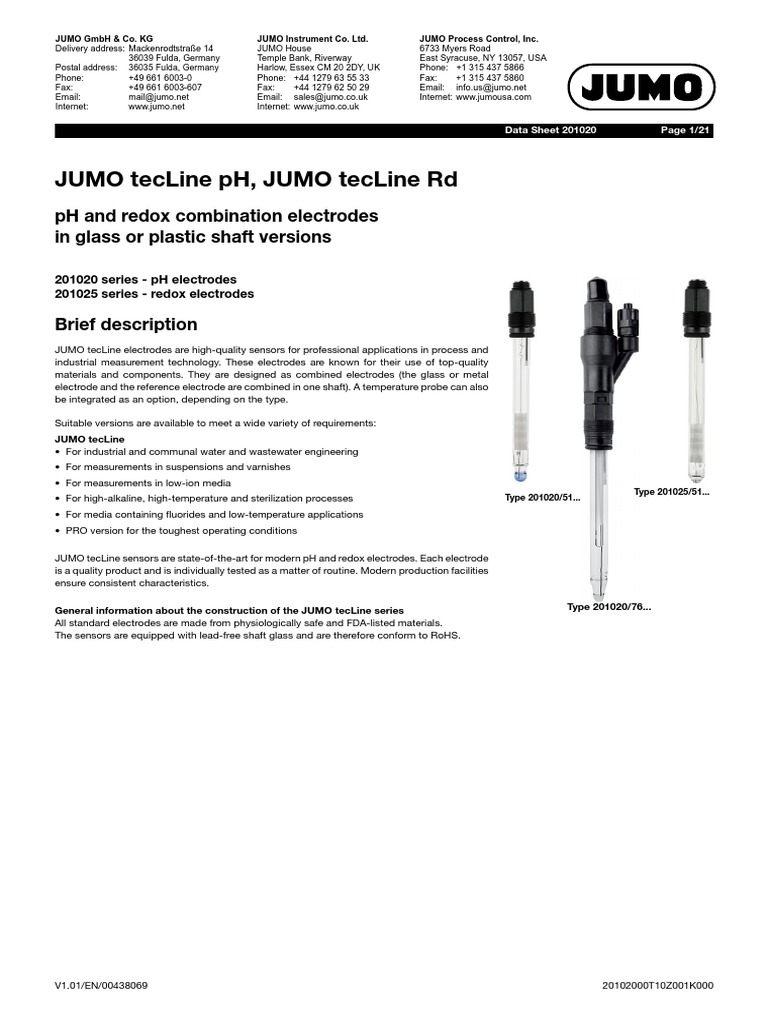 Jumo Tecline PH, Jumo Tecline RD: PH and Redox Combination Electrodes ...