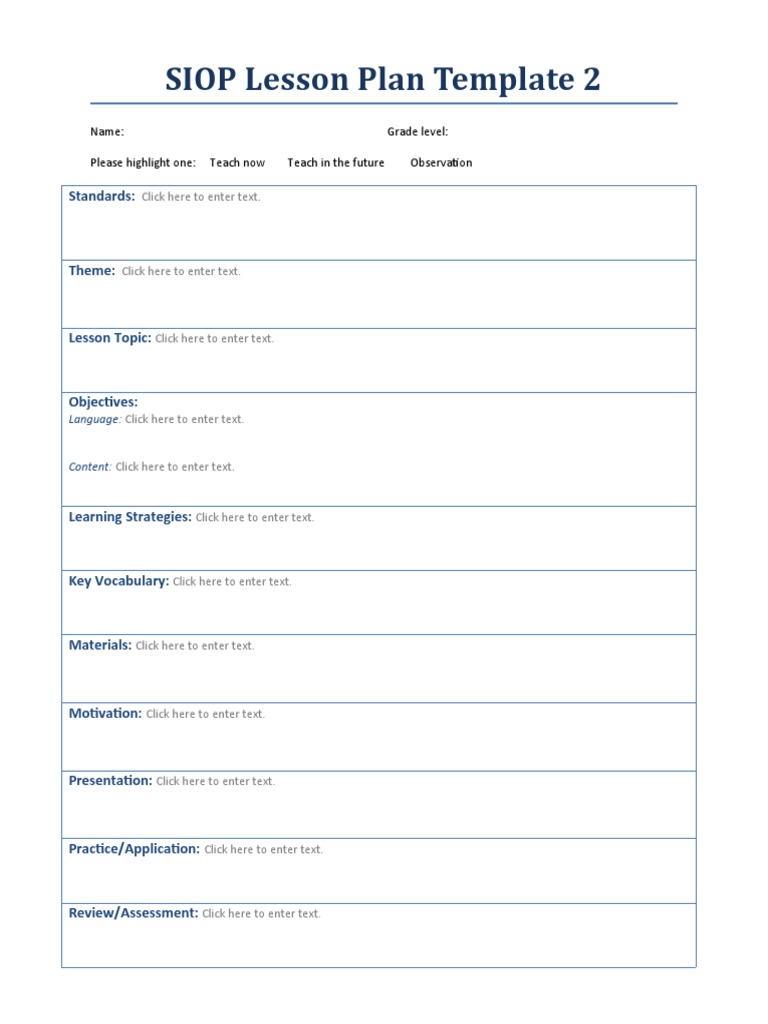SIOP Lesson Plan Template Guide | PDF