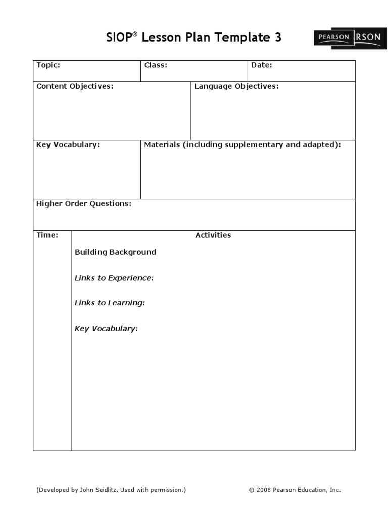Siop Lesson Plan Template 3: Topic: Class: Date: Content Objectives ...