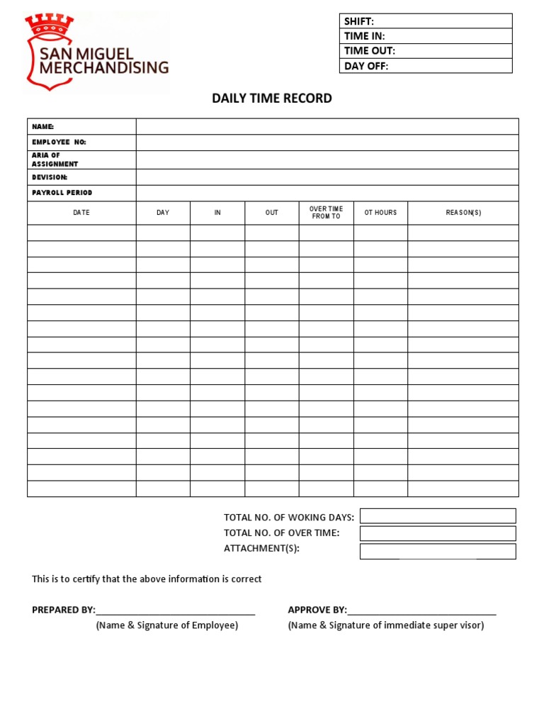 Daily Time Record San Miguel | PDF