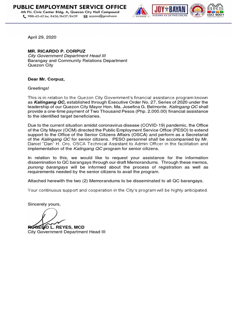 Letter To BCRD - Kalingang QC Information Dissemination To Barangays | PDF