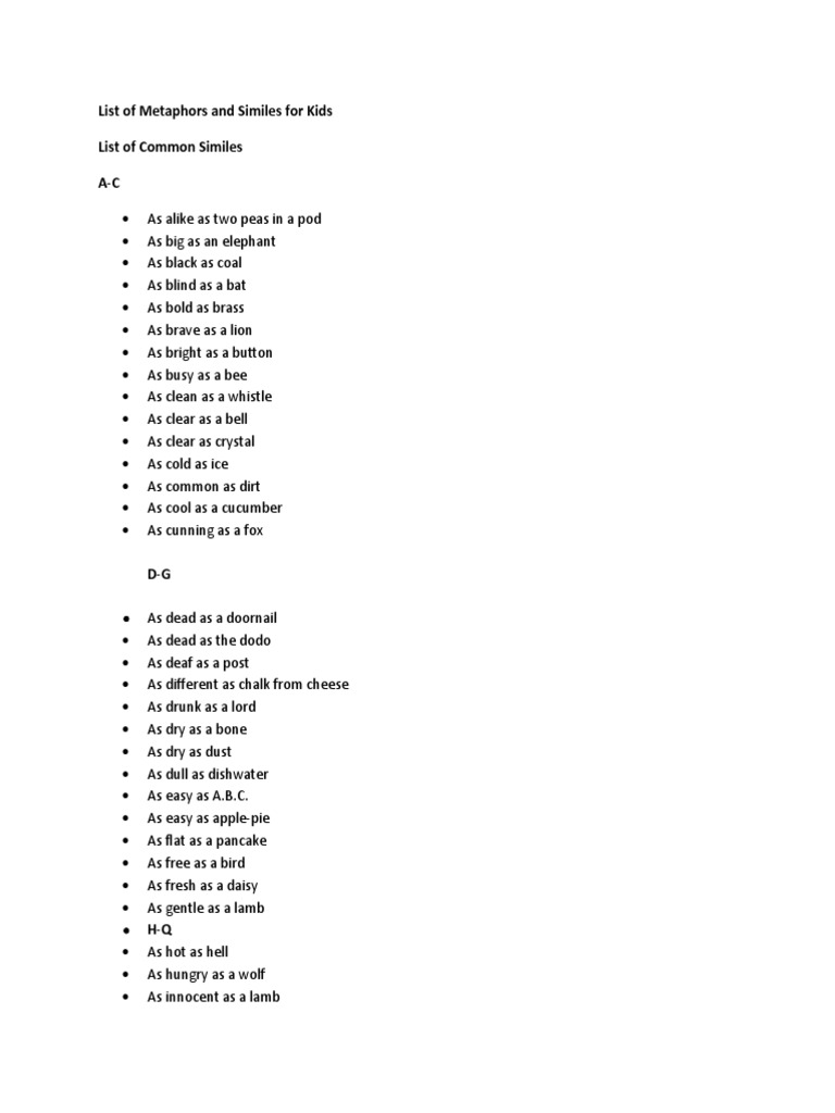 List of Metaphors and Similes For Kids List of Common Similes A-C | PDF ...