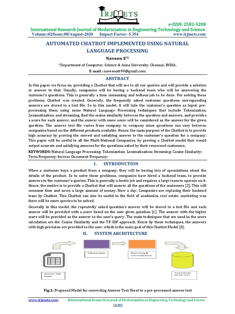 Automated Chatbot Implemented Using Natural Language Processing Pdf
