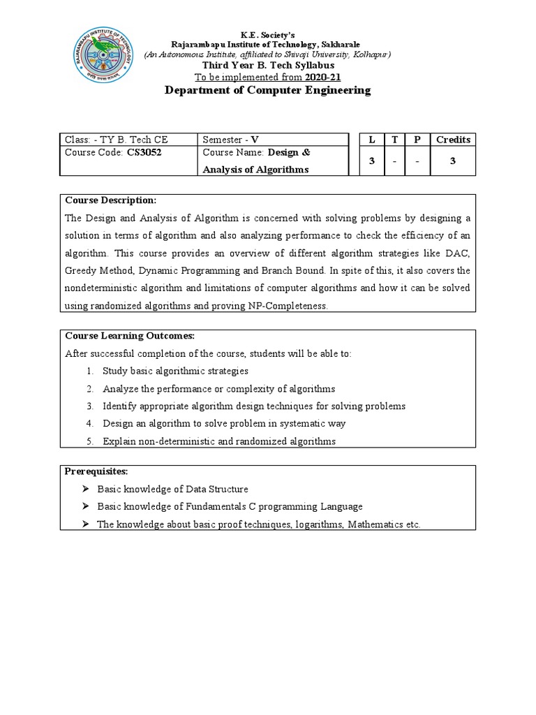 Department of Computer Engineering: Third Year B. Tech Syllabus | PDF ...