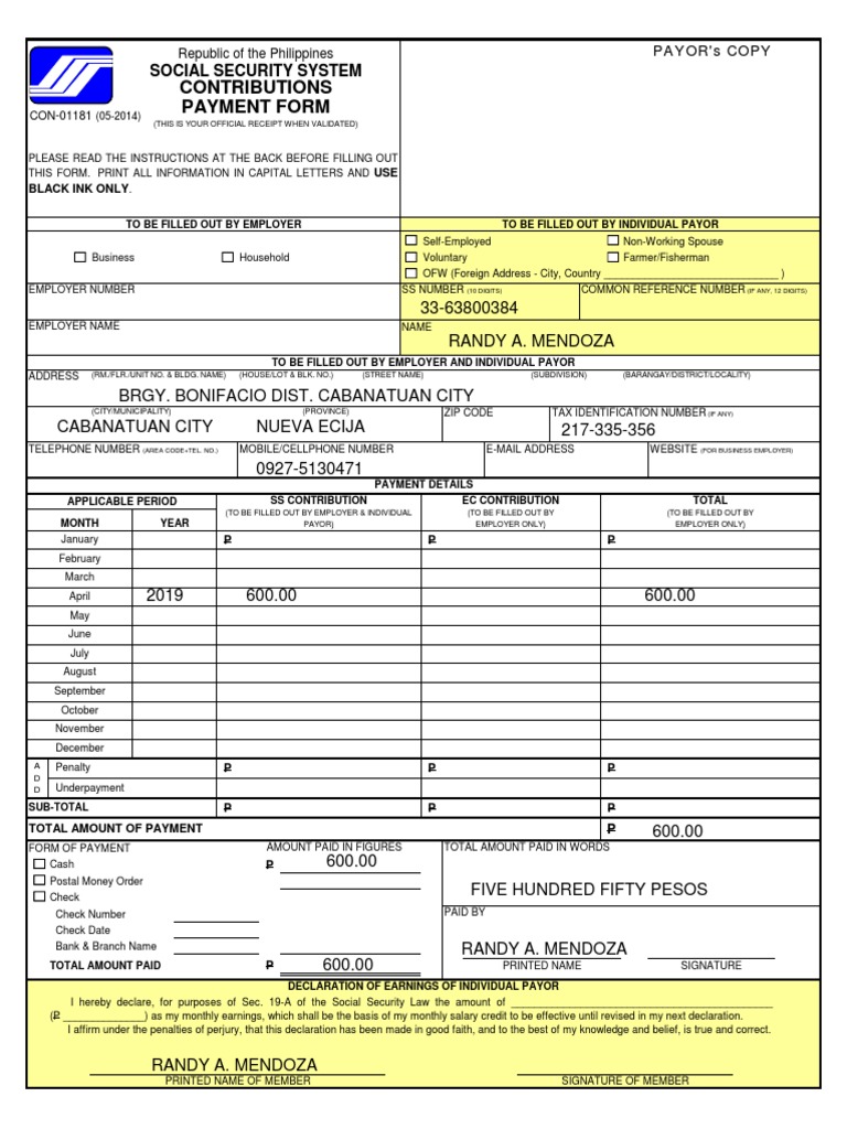 Sss Conts. - Payment - Form RANDY | PDF | Social Security (United ...