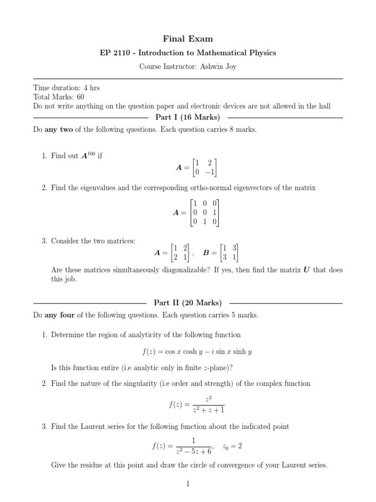 Final Exam Solutions Pdf Laplace Transform Matrix Mathematics