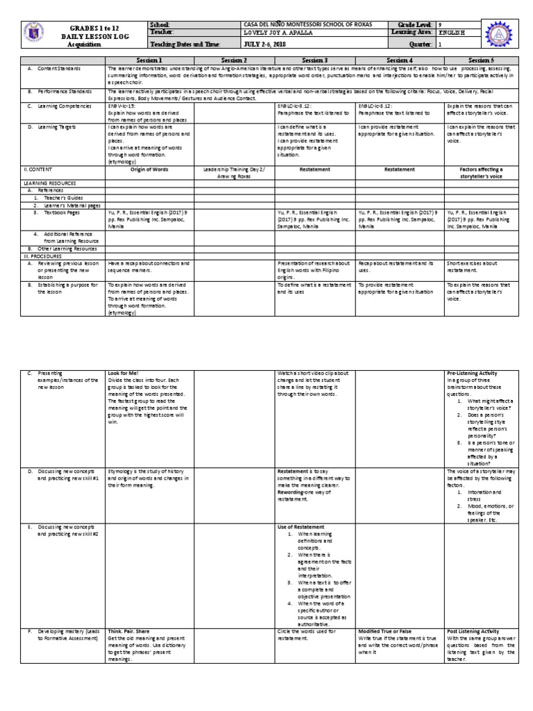 English 9 DLL: Q1 Week 4 Overview | PDF | Storytelling | Learning