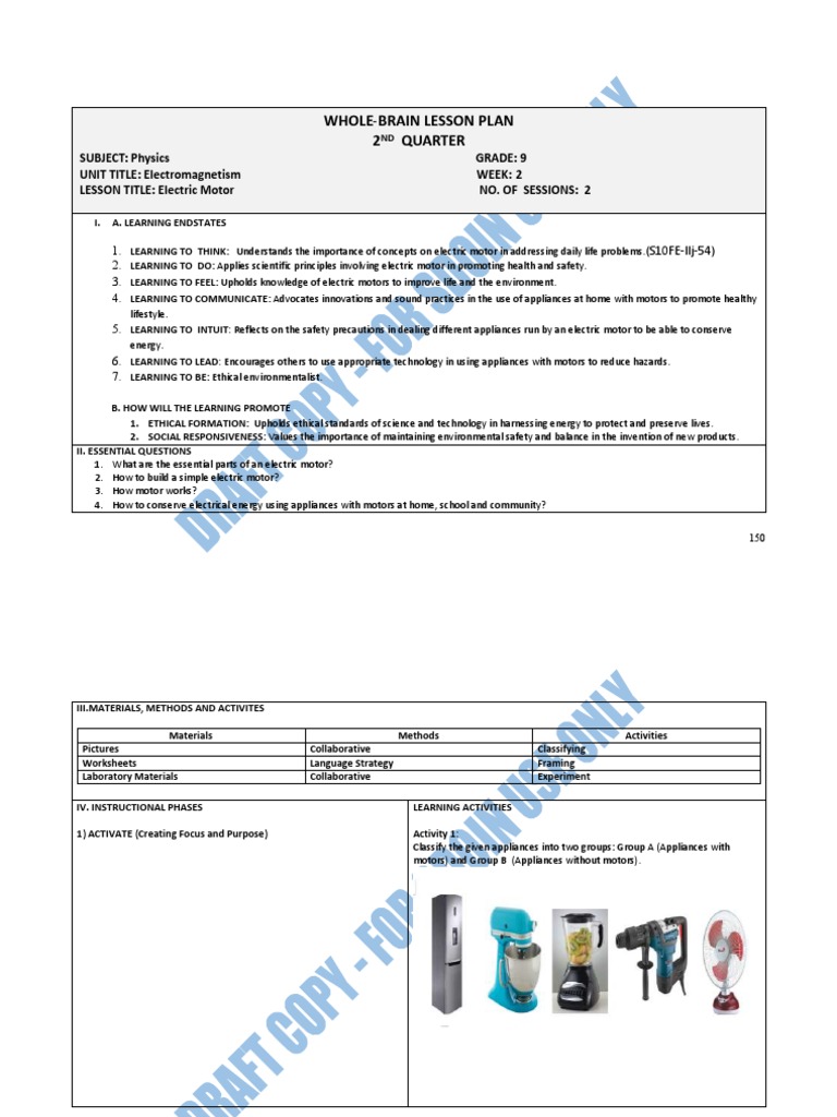 6.LESSONPLAN - Electric-Motor For Obseravation | PDF | Electric Motor ...