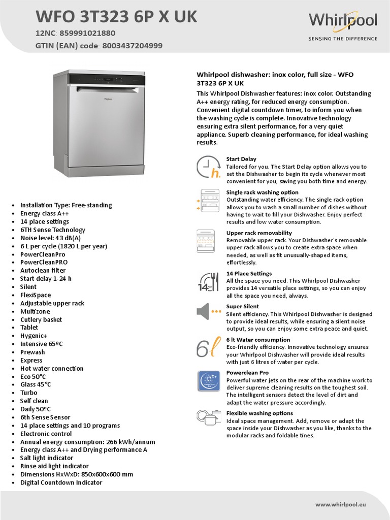 12NC 859991021880 GTIN (EAN) Code 8003437204999: Whirlpool Dishwasher ...