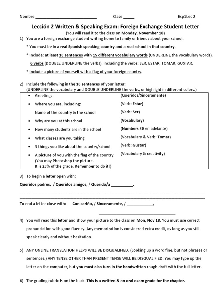 Foreign Exchange Student Letter Guide | PDF | Fluency | Vocabulary