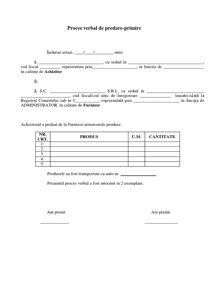 MODEL - Proces Verbal Predare Primire | PDF