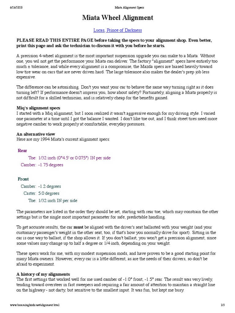 Miata Alignment Specs | PDF | Transportation Engineering | Wheel