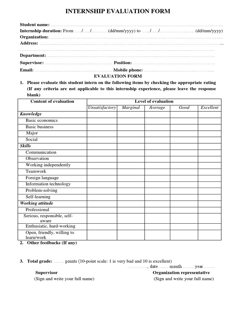 Internship Evaluation Form Template | PDF