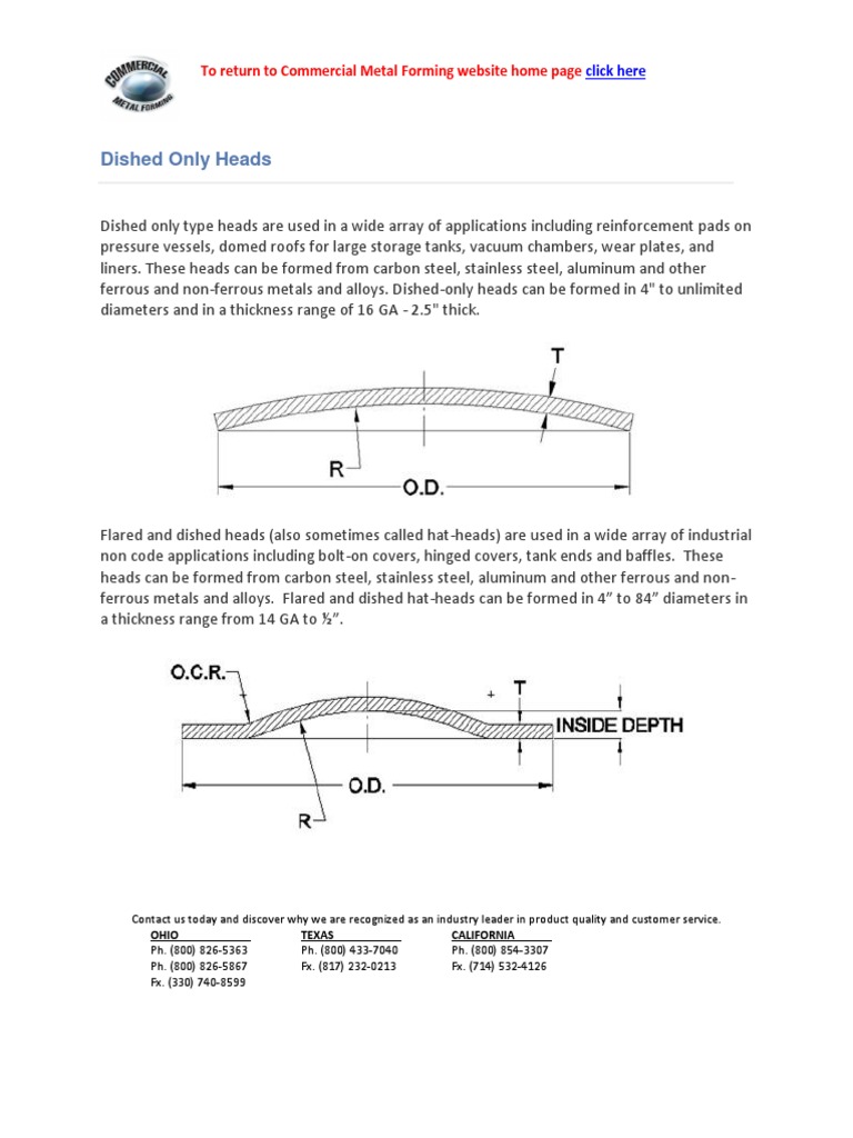 Dished Only Heads: To Return To Commercial Metal Forming Website Home ...