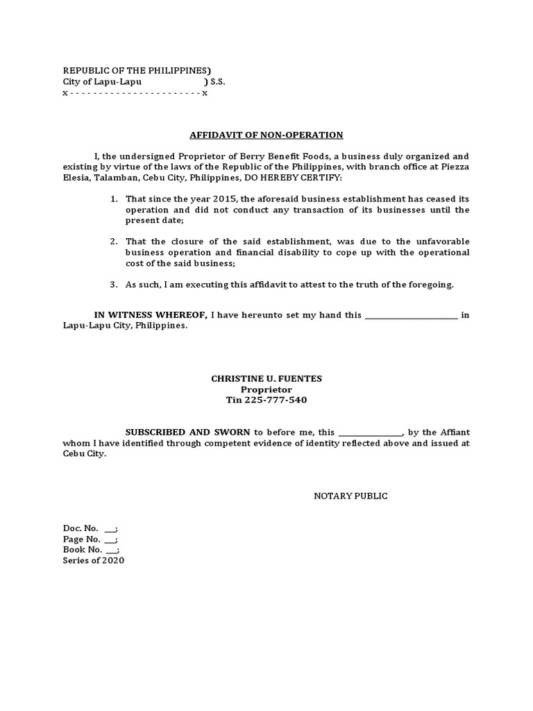 Affidavit of Non - operation.ChristineFuentes | PDF
