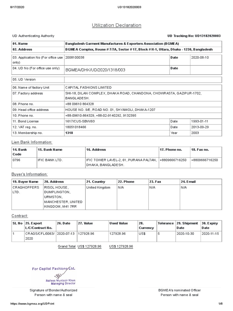 Utilization Declaration: BGMEA/DHK/UD/2020/1318/003 | PDF | Textiles ...
