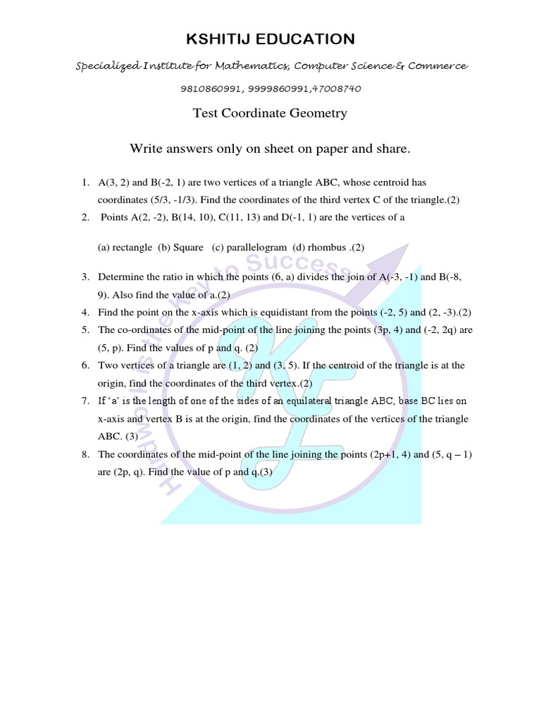 Kshitij Education Test Coordinate Geometry Write Answers Only On Sheet