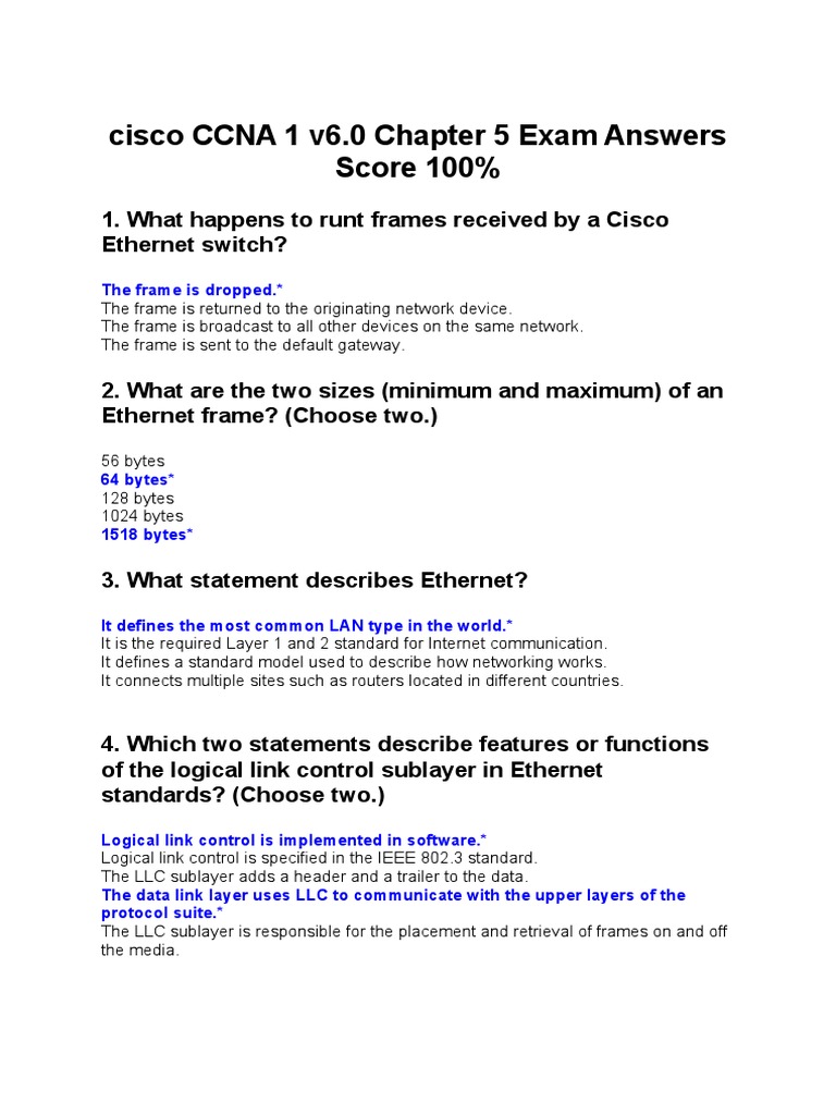 Cisco CCNA 1 v6.0 Chapter 5 Exam Answers Score 100%: The Frame Is Dropped. | PDF | Network ...