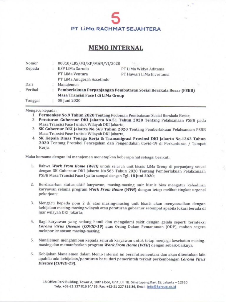 Memo Internal Perpanjangan Work From Home (WFH) PSBB Masa Transisi Fase I PDF | PDF