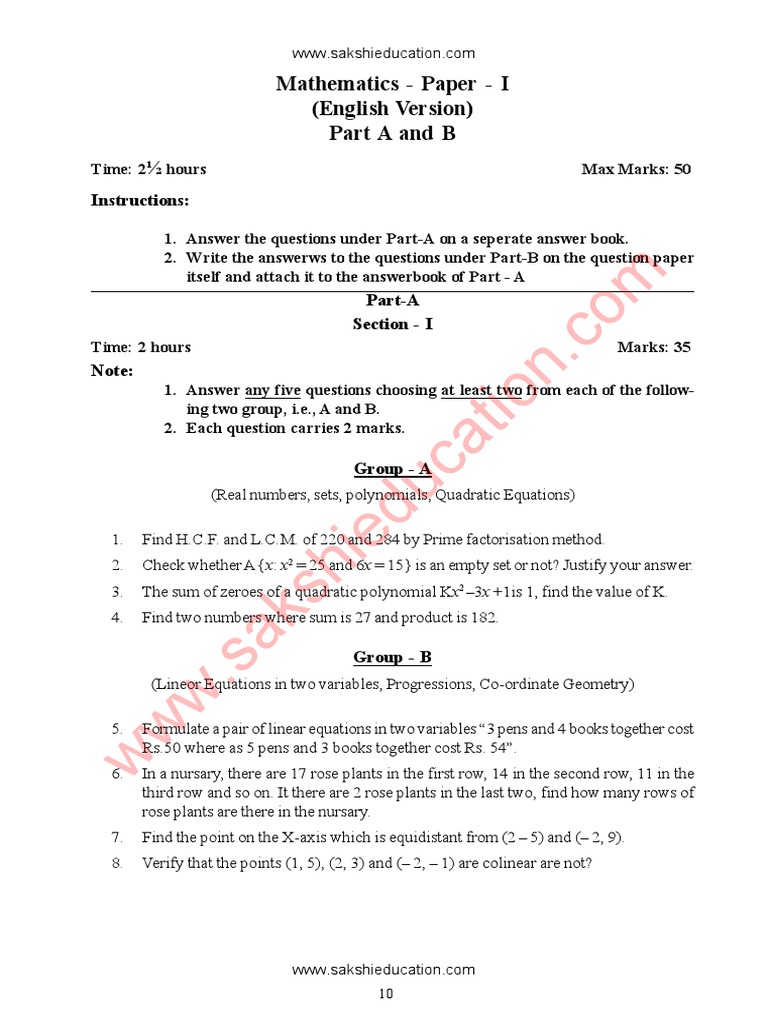 Mathematics - Paper - I (English Version) Partaandb: Instructions | PDF ...
