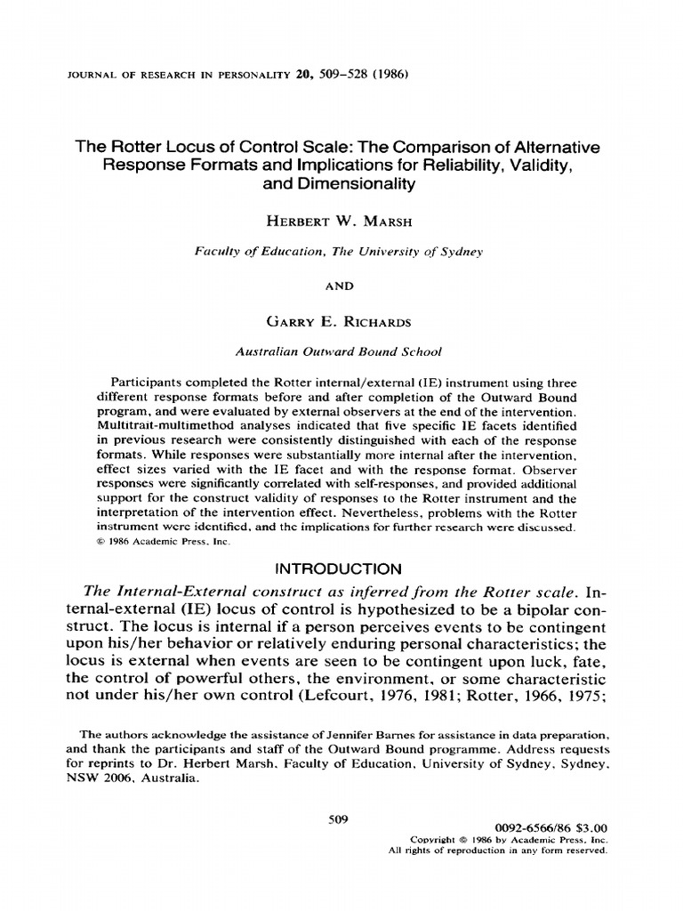 The Rotter Locus of Control Scale: The Comparison of Alternative ...