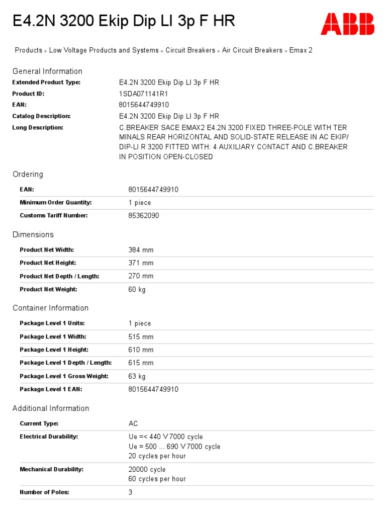 E4.2N 3200A 3P 1SDA071141R1-e4-2n-3200-ekip-dip-li-3p-f-hr | PDF | Power Engineering | Electricity