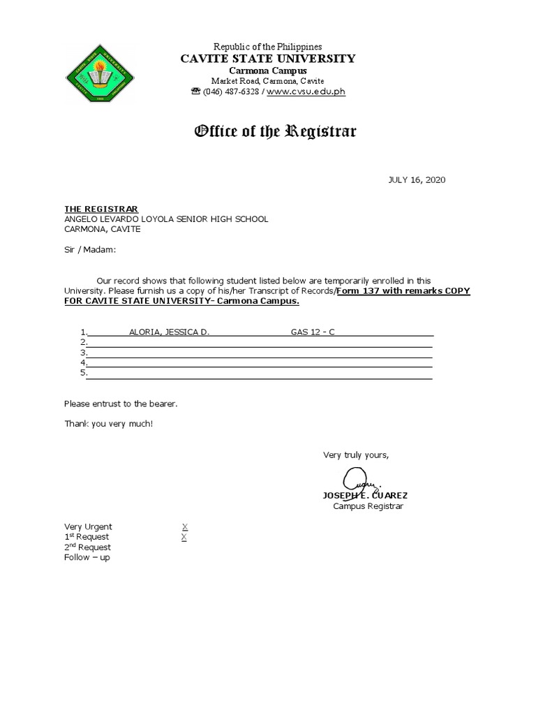 Request for Form 137 Copy | PDF