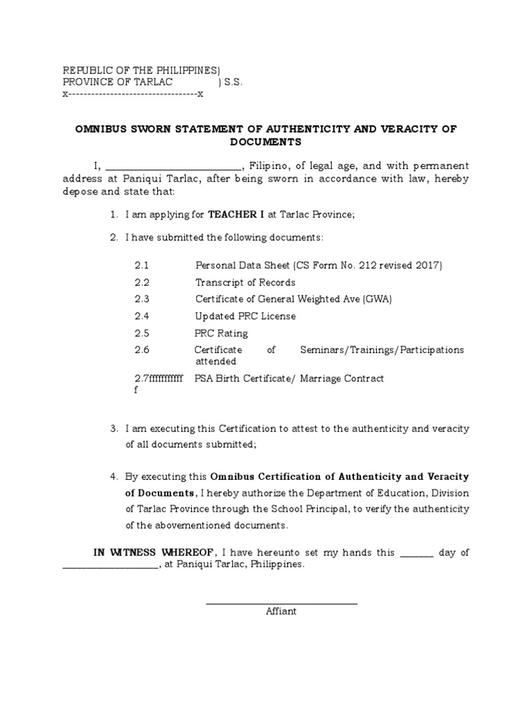 Omnibus Sworn Statement of Authenticity and Veracity of Documents | PDF