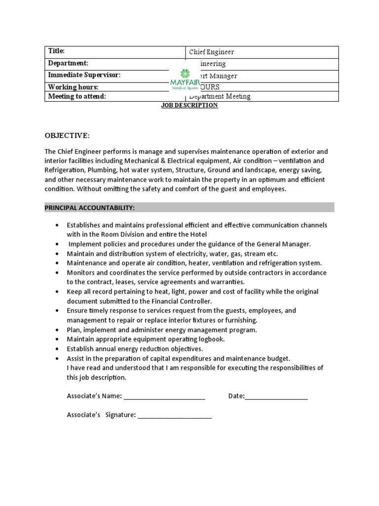 Chief Engineer Format