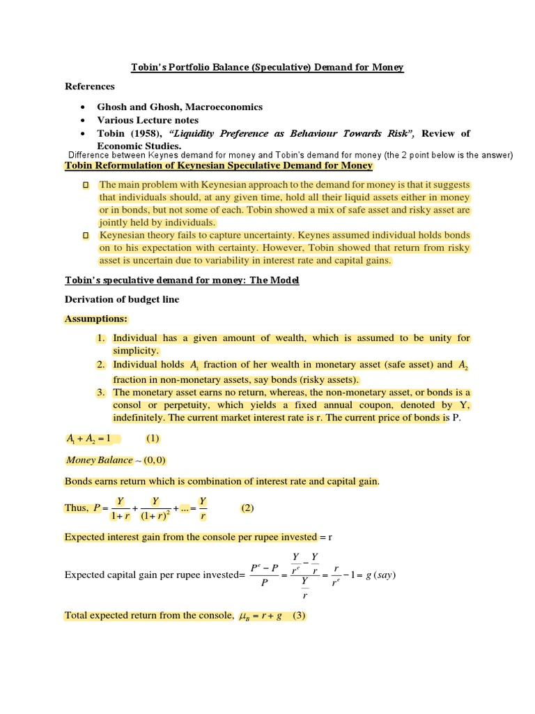 Tobin's Speculative Money Demand Theory | PDF | Demand For Money ...