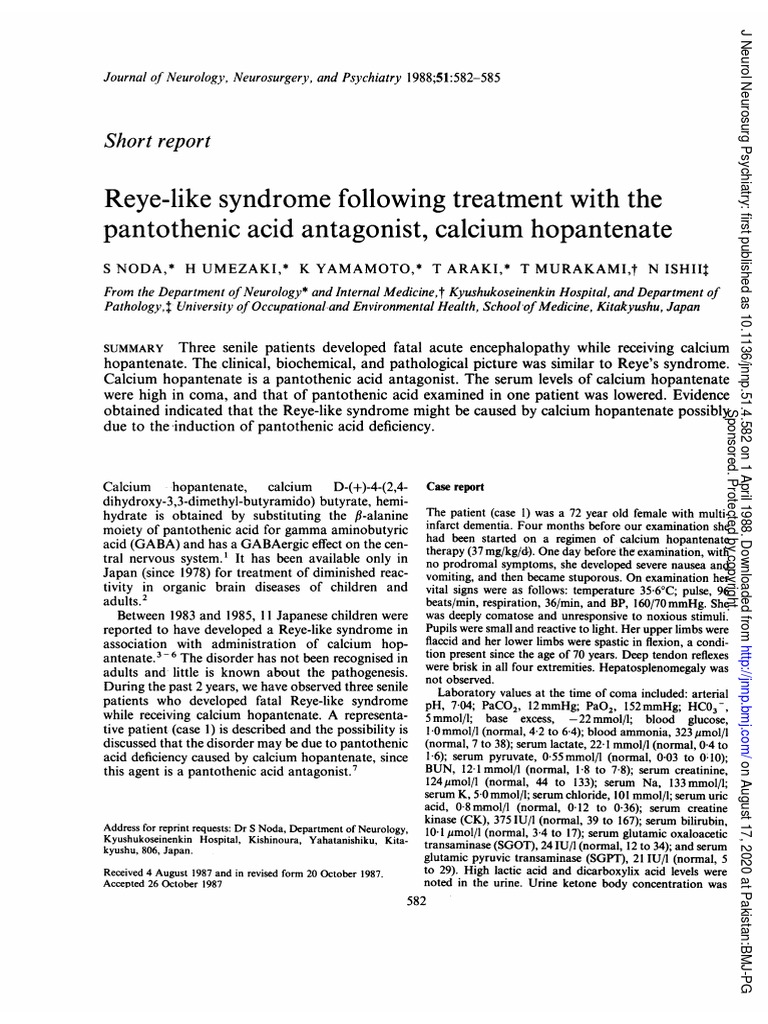 Reye-Like Syndrome The Pantothenic Antagonist, Hopantenate: Following ...