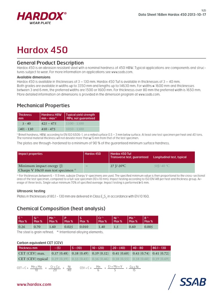 Hardox 450 Steel Specifications Guide | PDF | Sheet Metal | Engineering ...