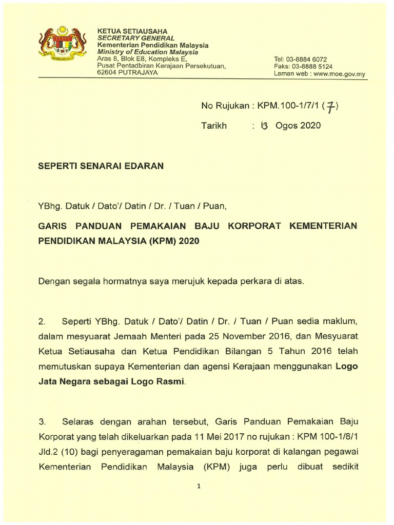 Garis Panduan Pemakaian Baju Korporat KPM 2020 PDF | PDF