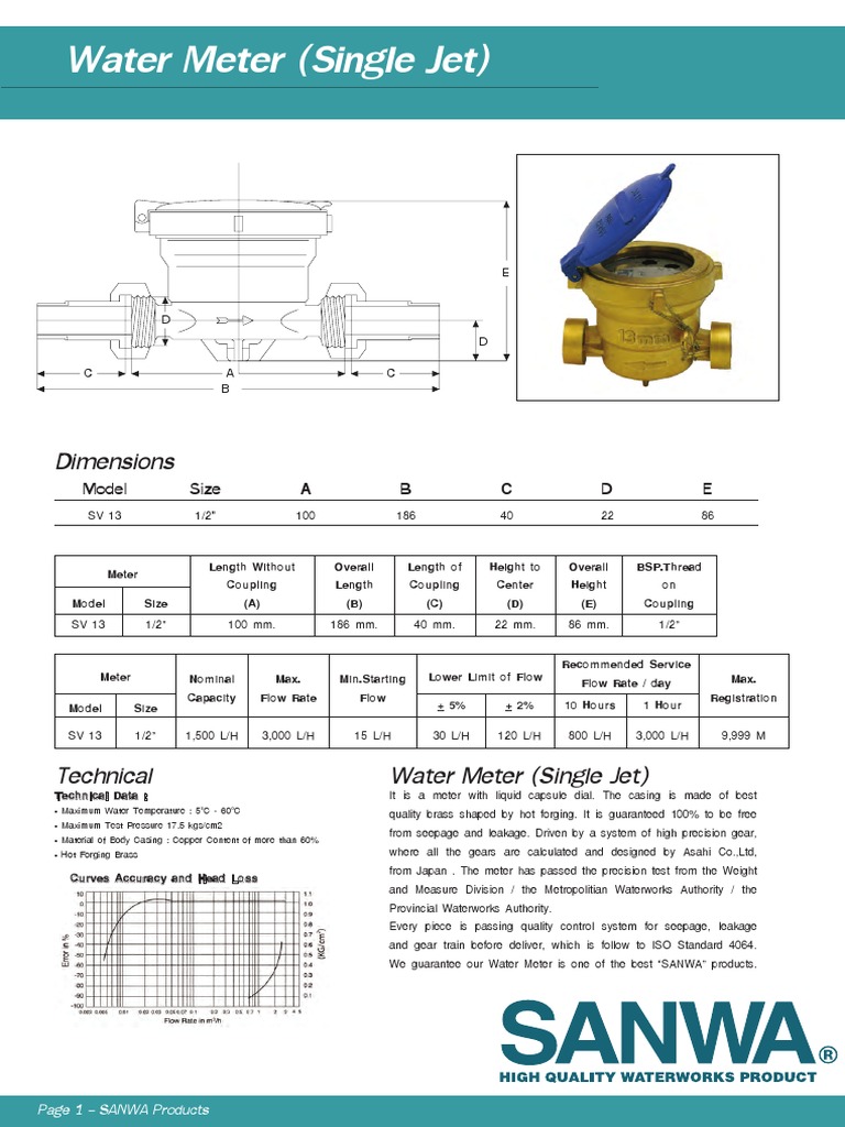 SANWA Single Jet Water Meter Specs | PDF | Flow Measurement | Continuum ...