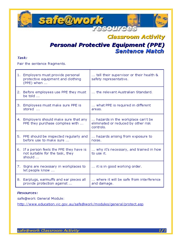 Classroom Activity Personal Protective Equipment (PPE) Sentence Match | PDF