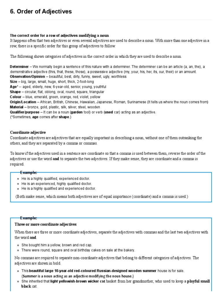 Order of Adjectives | PDF | Adjective | Comma