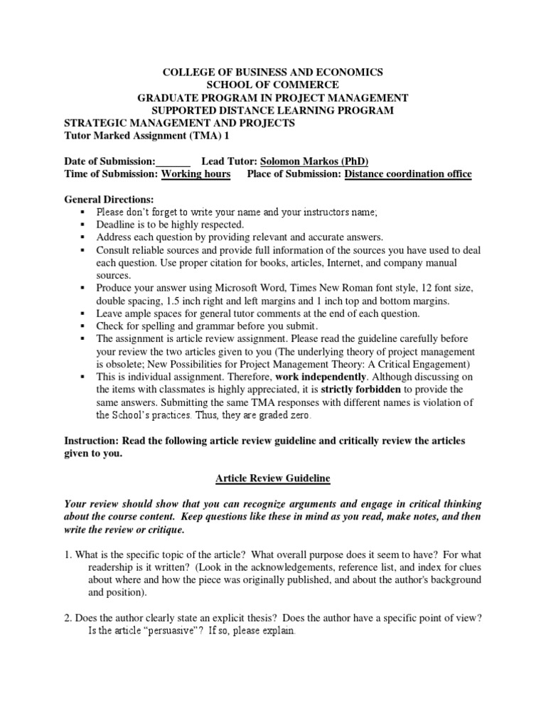 TMA 1 Strategic Project Management and Projects PDF | PDF | Thesis ...