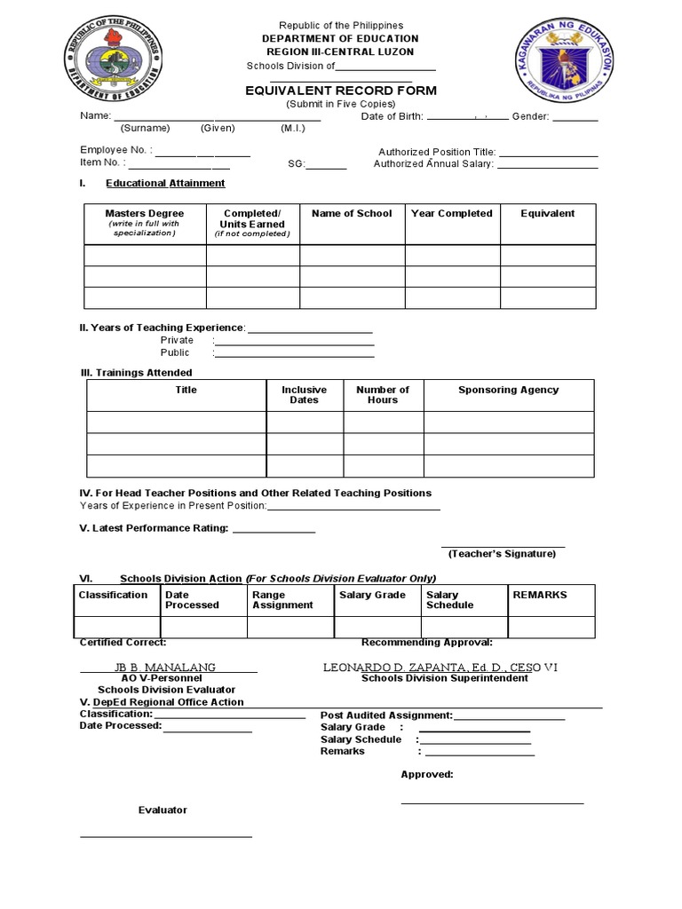 Equivalent Record Form: (Write in Full With Specialization) (If Not ...