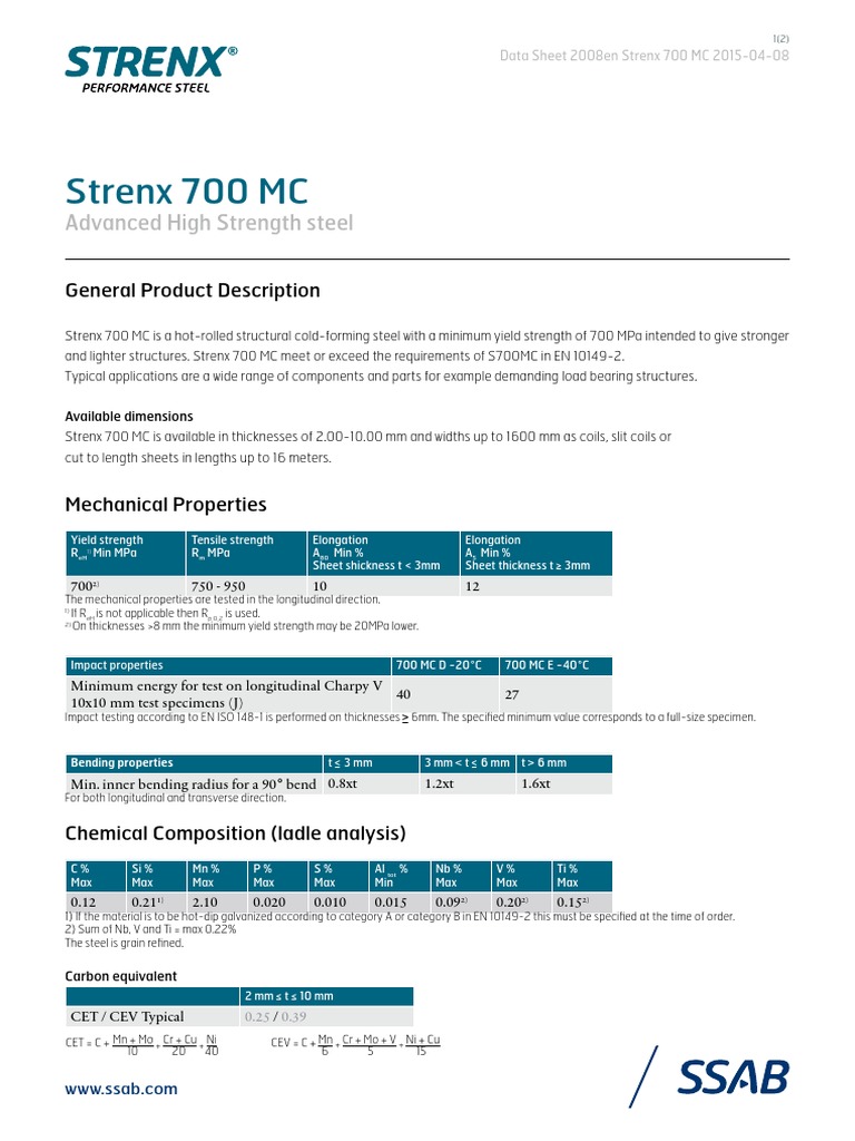 Strenx 700 MC: Advanced High Strength Steel | PDF | Sheet Metal ...