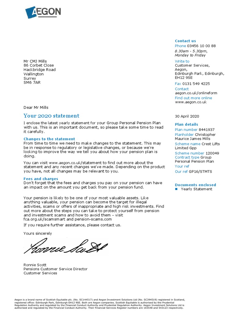 Aegon Group Personal Pension Statement 2020 | PDF | Pension | Inflation