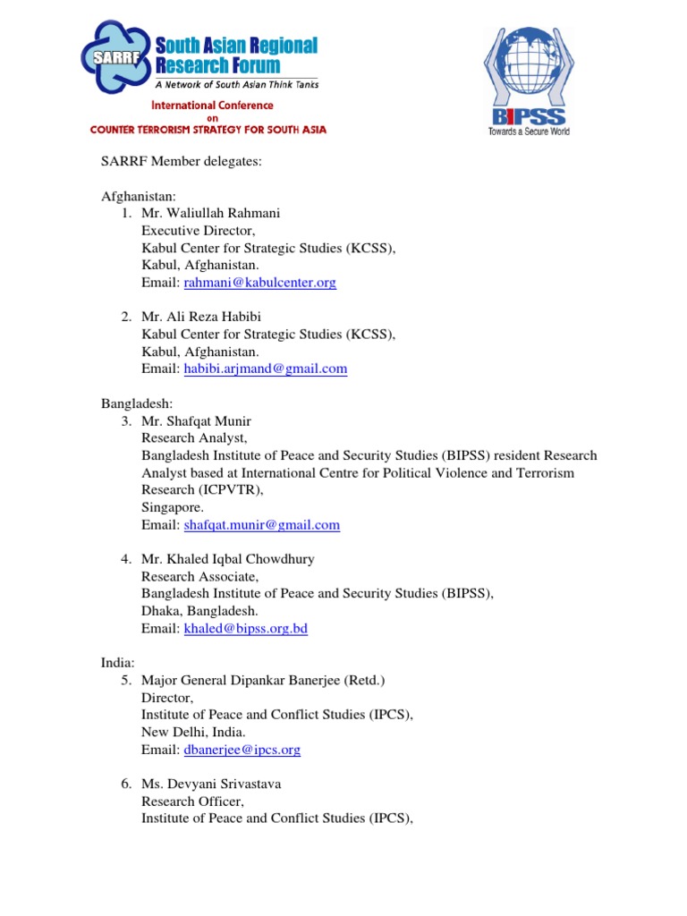 SARRF Member Delegates and Participant List PDF | PDF | Bangladesh ...