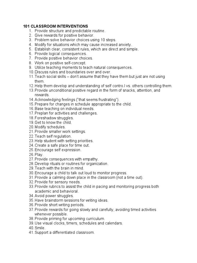 101 Classroom Interventions | PDF | Classroom Management | Inclusion ...