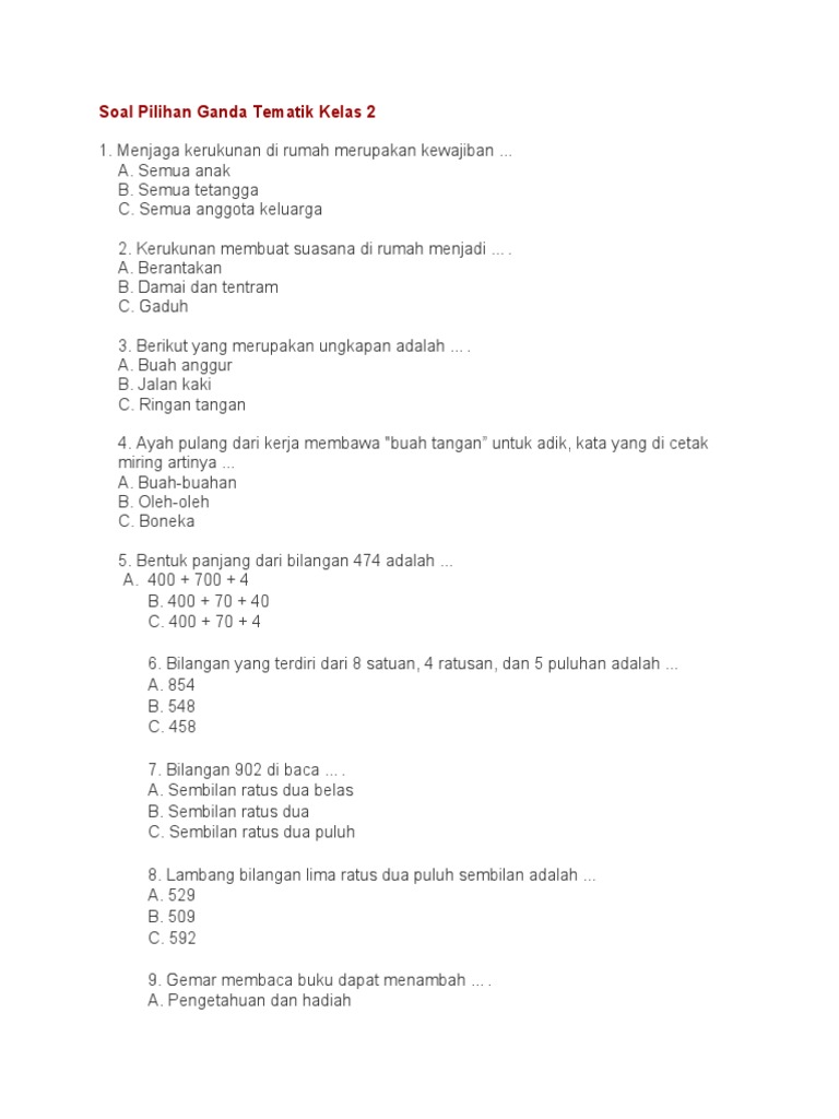 Soal_Pilihan_Ganda_Tematik_Kelas_2 | PDF