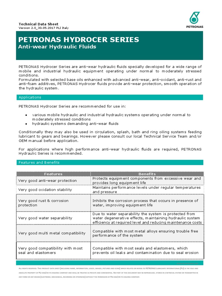 Petronas Hydrocer Series: Anti-Wear Hydraulic Fluids | PDF | Lubricant ...