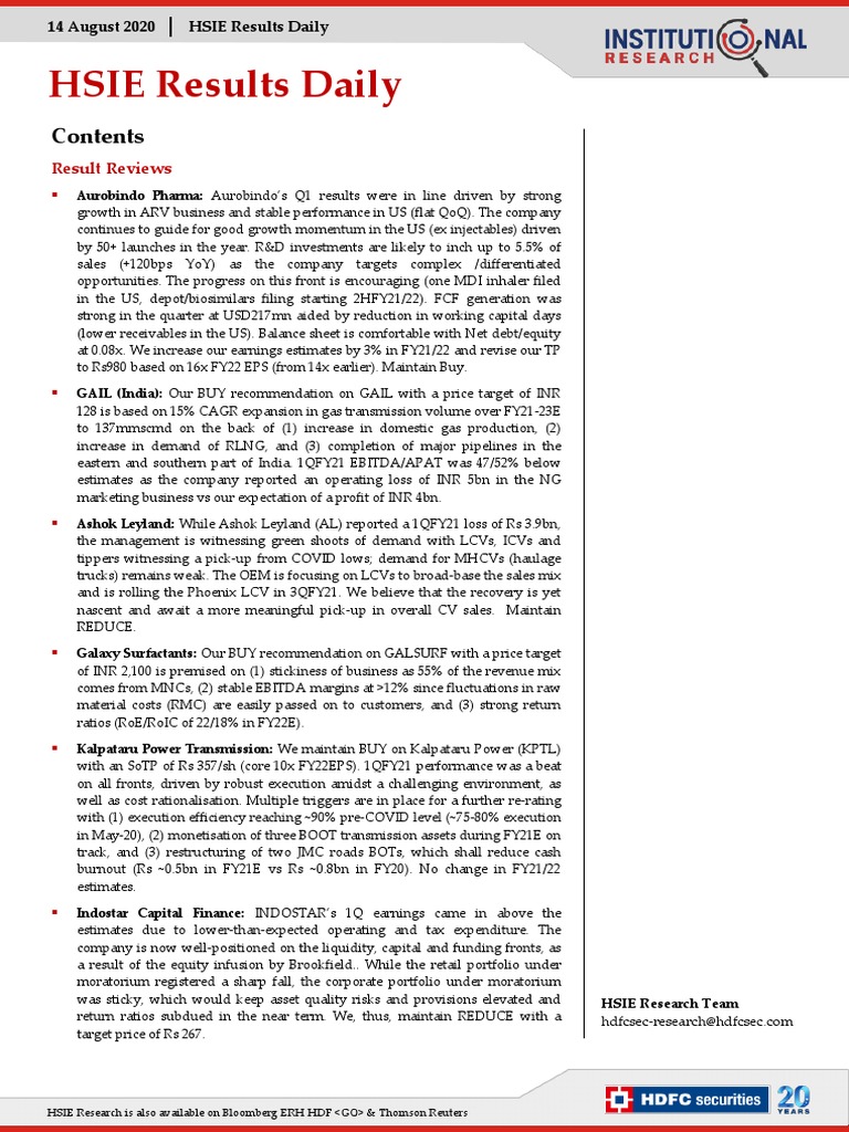 HSIE Results Daily: Result Reviews | PDF | Market Liquidity | Stocks