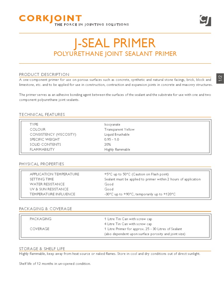 J-Seal Primer: Polyurethane Joint Sealant Primer | PDF | Materials ...