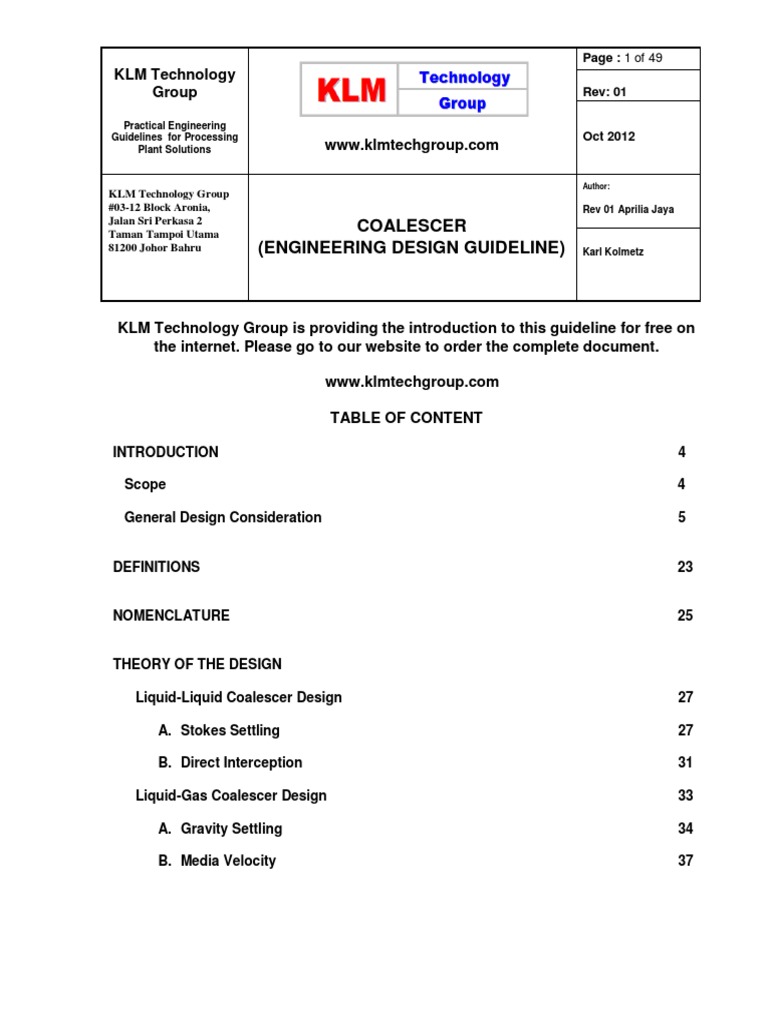 Coalescer (Engineering Design Guideline) : KLM Technology Group | PDF ...